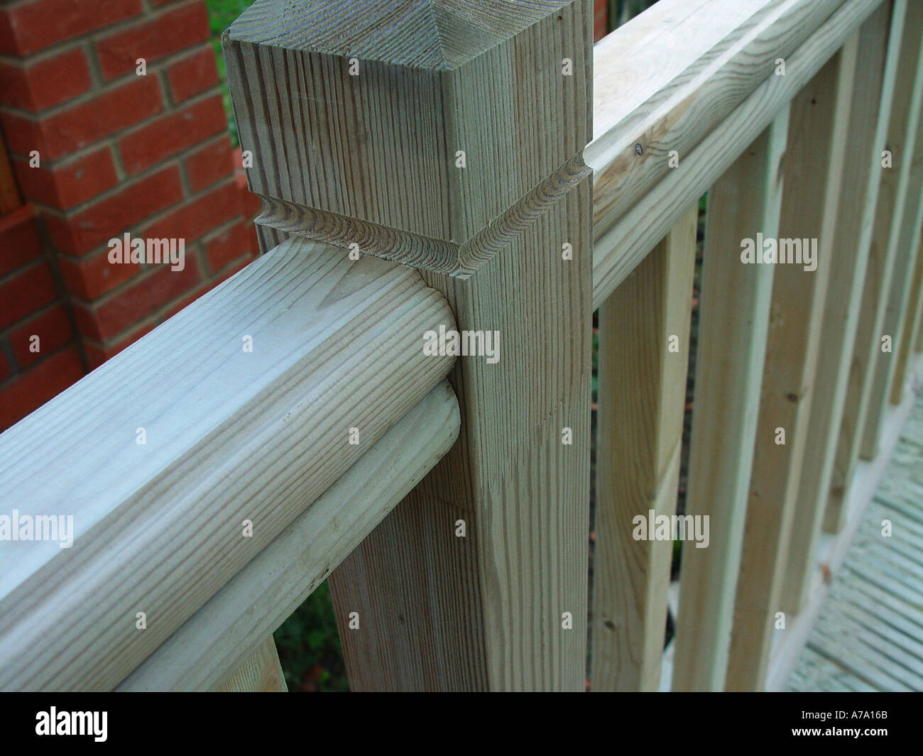 Decking detail of balustrade handrail and newel Stock Photo - Alamy