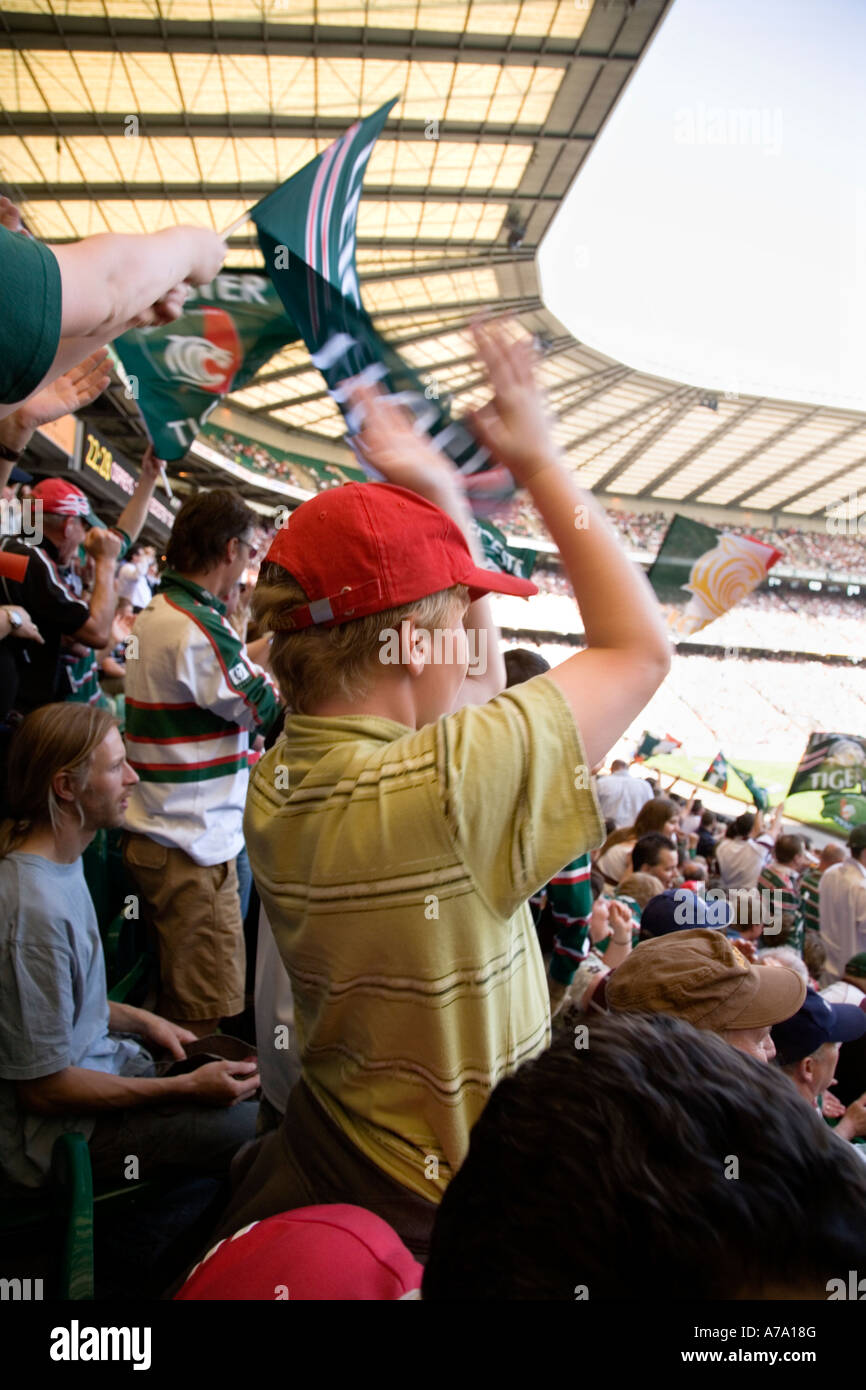 Young rugby fan cheers a try at Twickenham RFU Stadium EDF Energy Cup ...