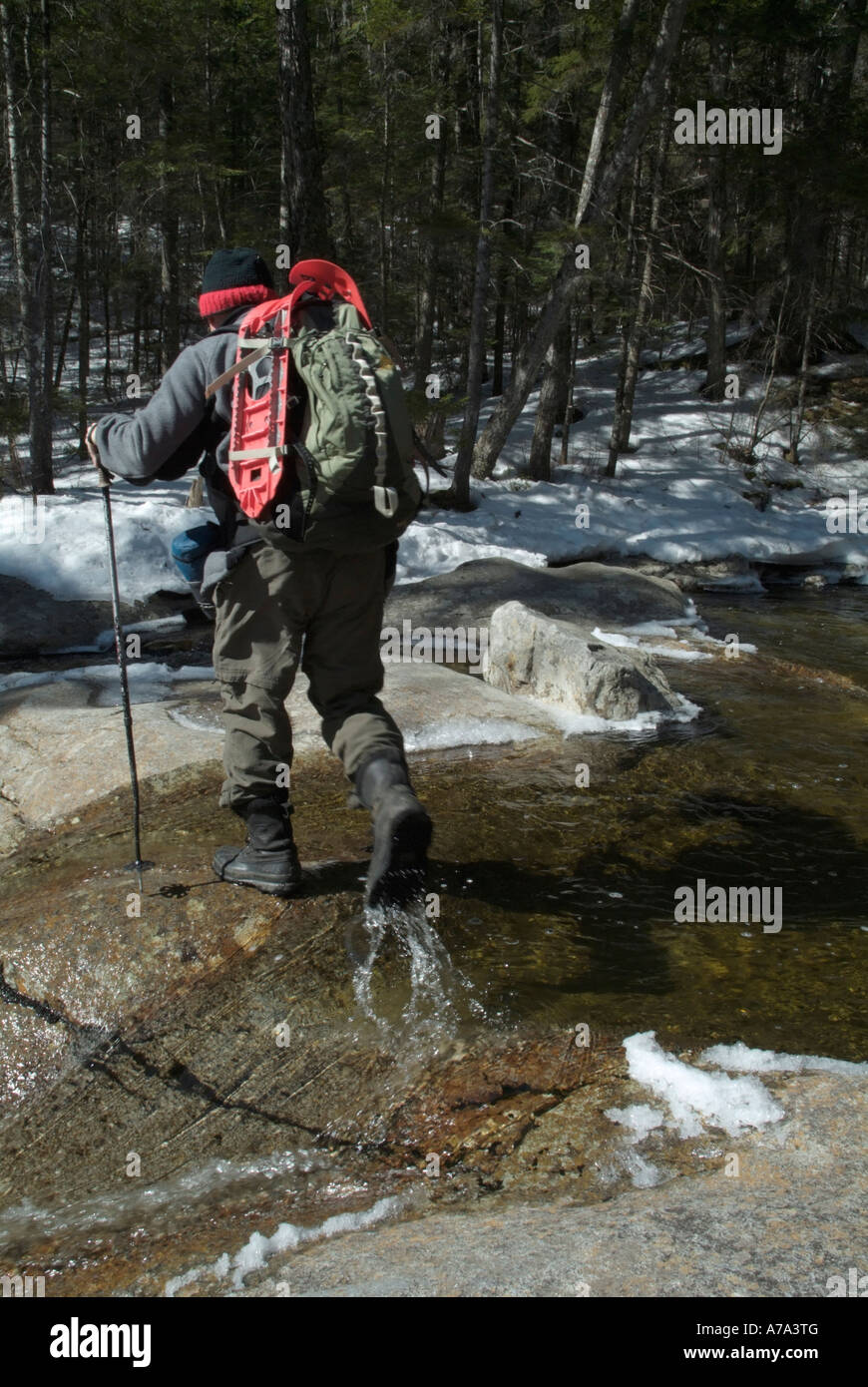 A adult male hiker crosses a brook on Basin Cascade Trail in the White ...