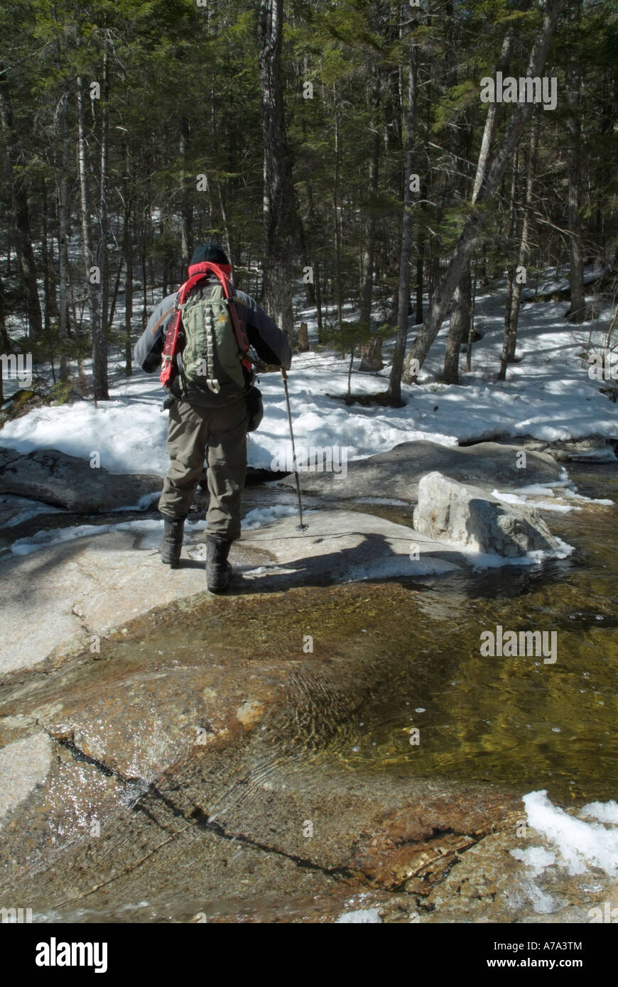 A adult male hiker crosses a brook on Basin Cascade Trail in the White ...
