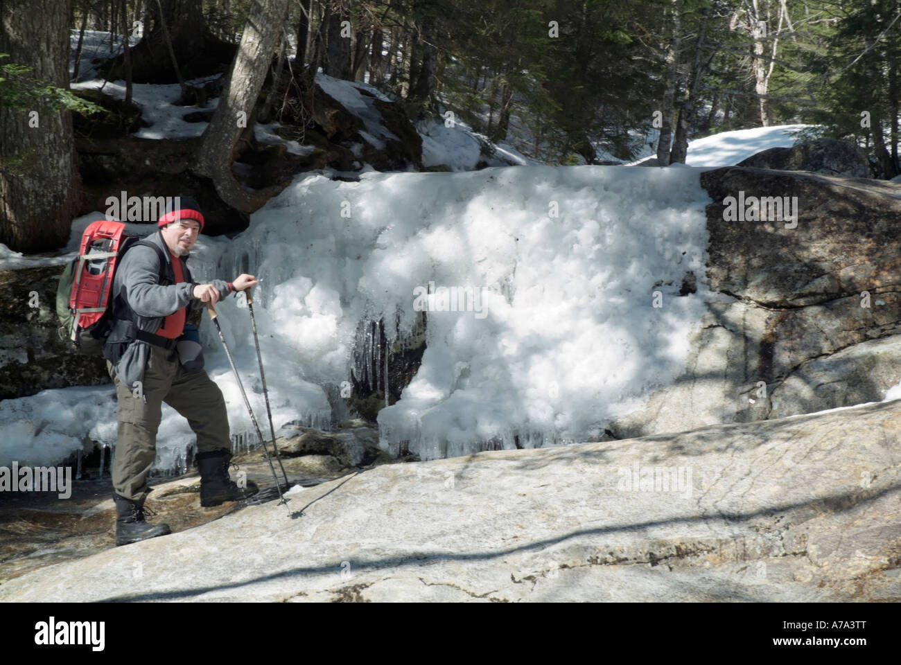 Spring Hiking-Hiker explores Cascade Brook, which runs on side of Basin ...
