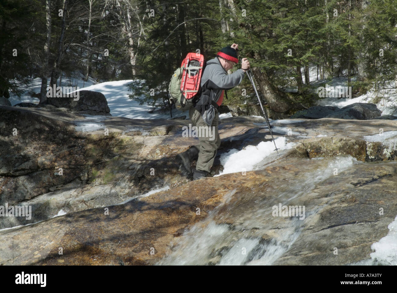 Spring Hiking-Hiker explores Cascade Brook, which runs on side of Basin ...