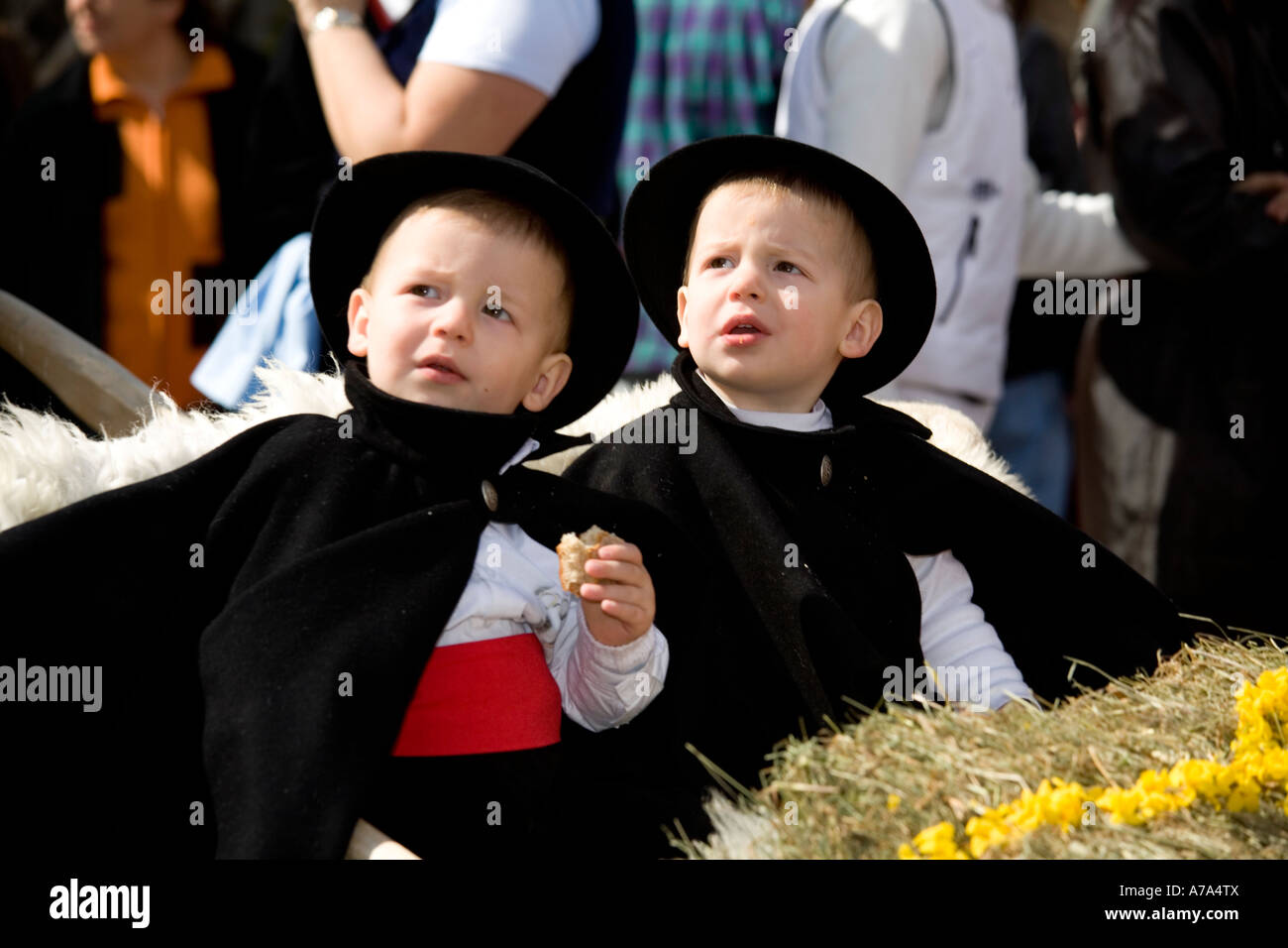 Couple of twin brothers at the Pasquali parade, Bormio, Italy Stock ...
