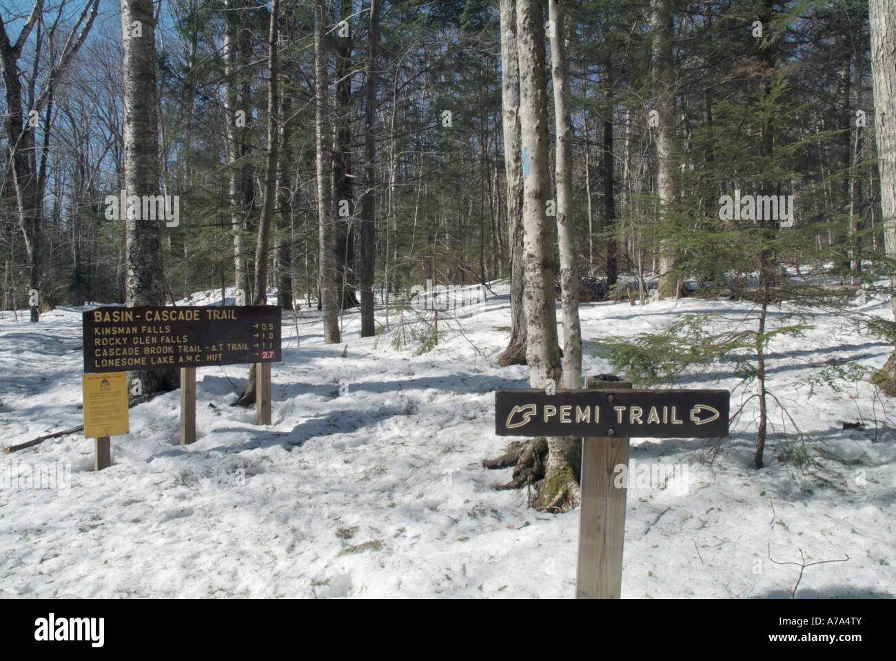 Spring Hiking Basin Cascade Trail sign and Pemi Trail sign in the White ...