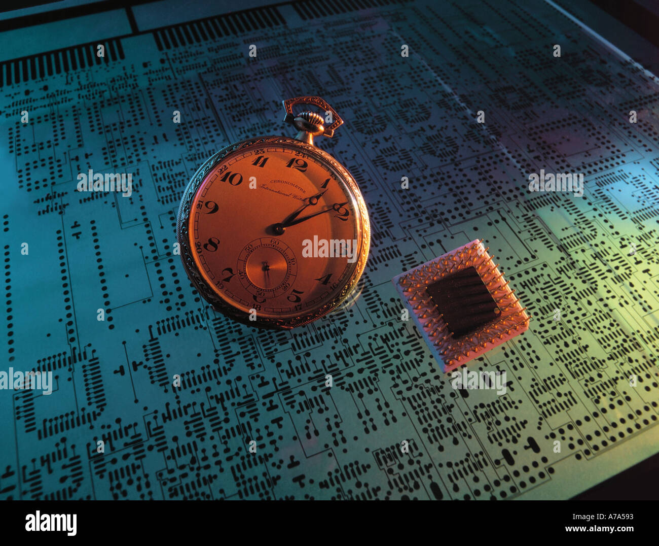 historic pocket watch micro processor layout of a circuit board ...