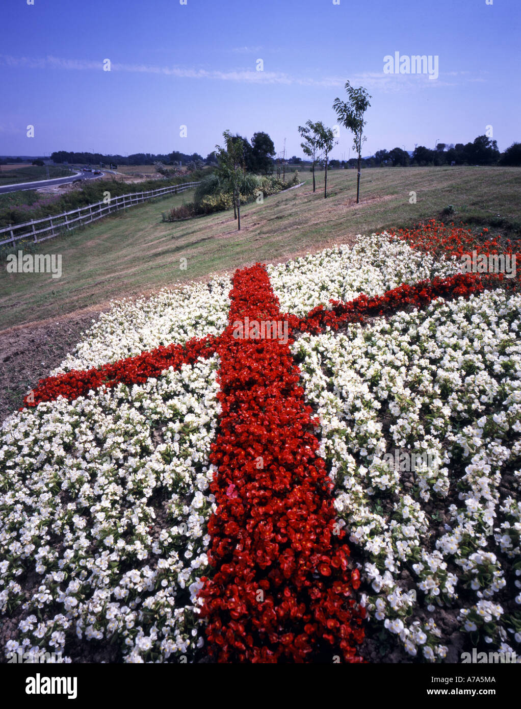 Cross of St George flower bed by the side of the road during the Queens ...