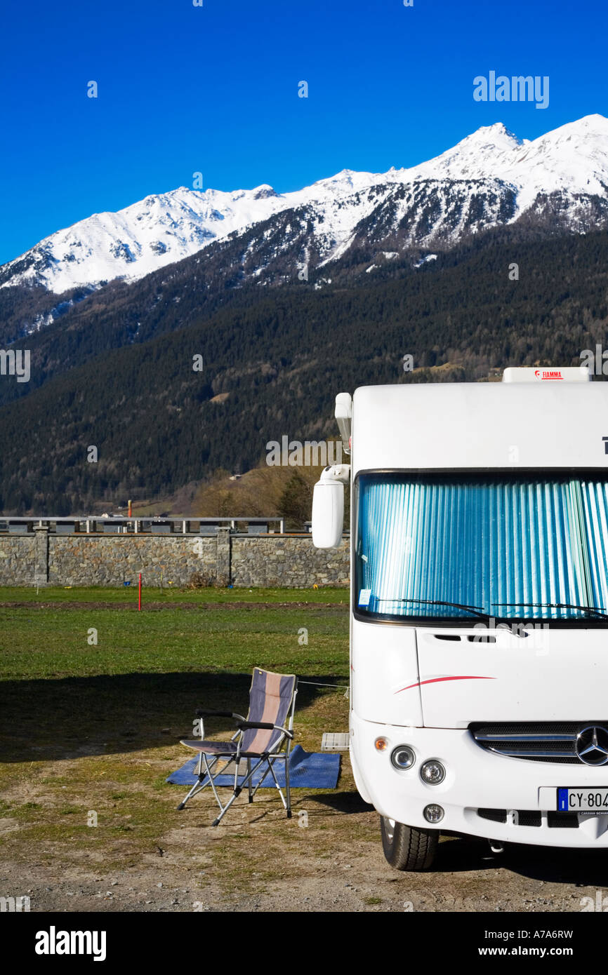 Alpine campsite for camper vans, Bormio, Valtellina, Italy Stock Photo ...