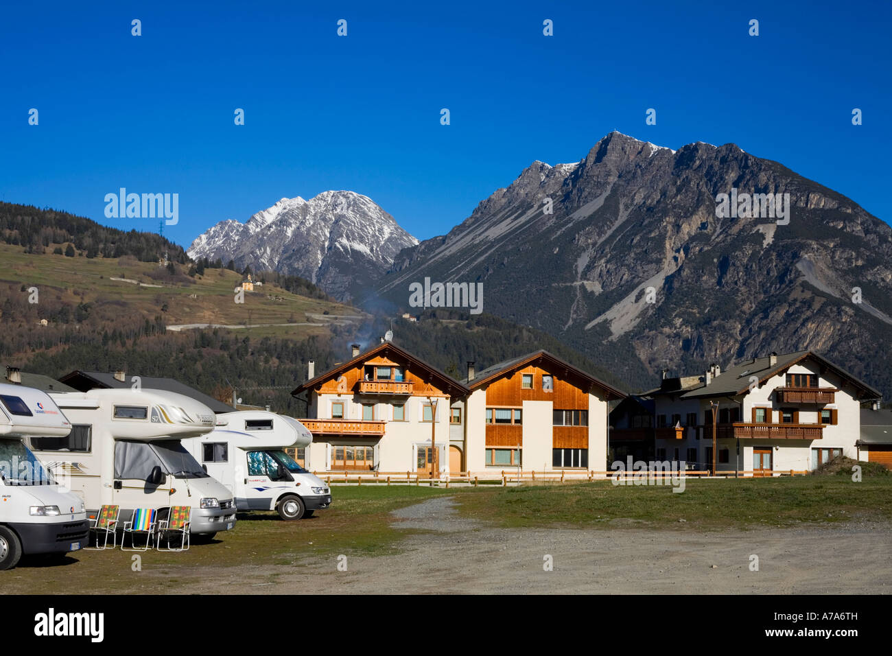 Alpine campingsite for camper vans, Bormio, Valtellina, Italy Stock ...