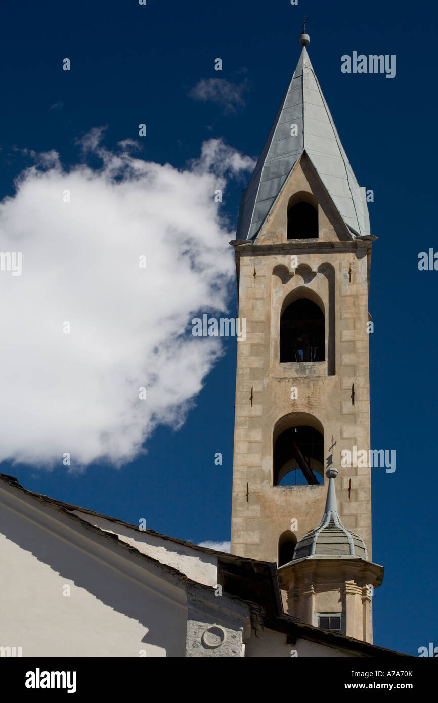 Alpine church with bell tower detail- Bormio, Italy Stock Photo - Alamy