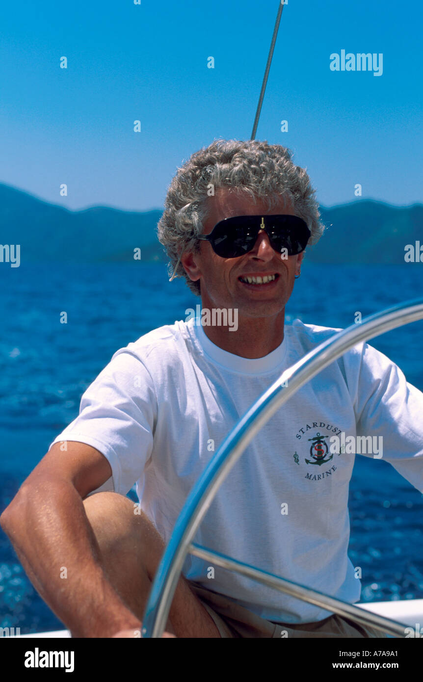Sailing Skipper on Sailing Boat Turkey Bay of Göcek Stock Photo - Alamy