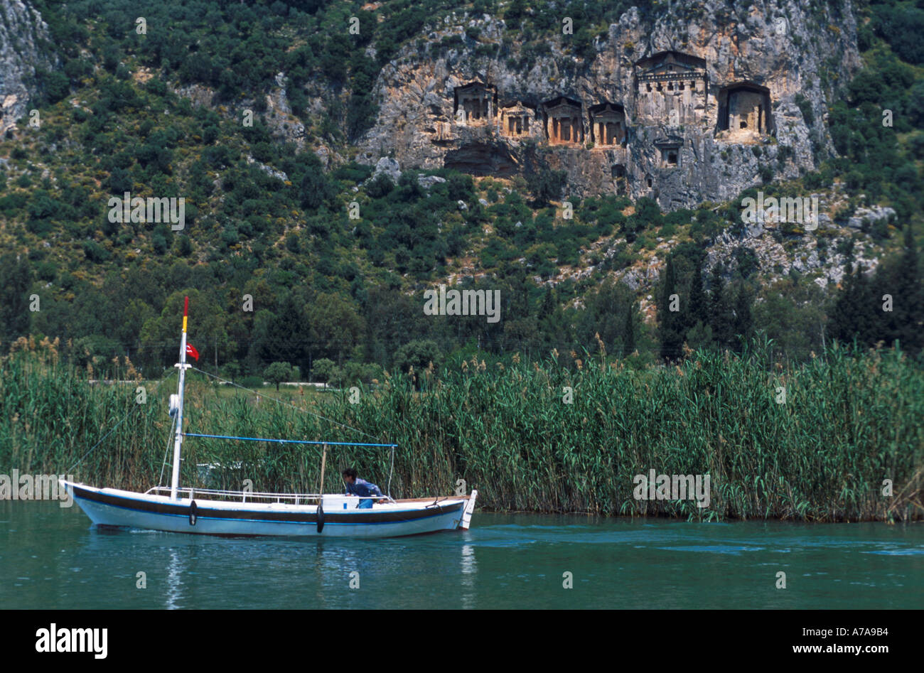 Asia Turkey Dalyan Dalyan River in Front of Antique Rock Tombs Stock ...