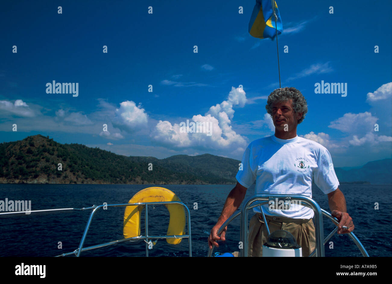 Sailing Skipper on Sailing Boat Turkey Bay of Göcek Stock Photo - Alamy