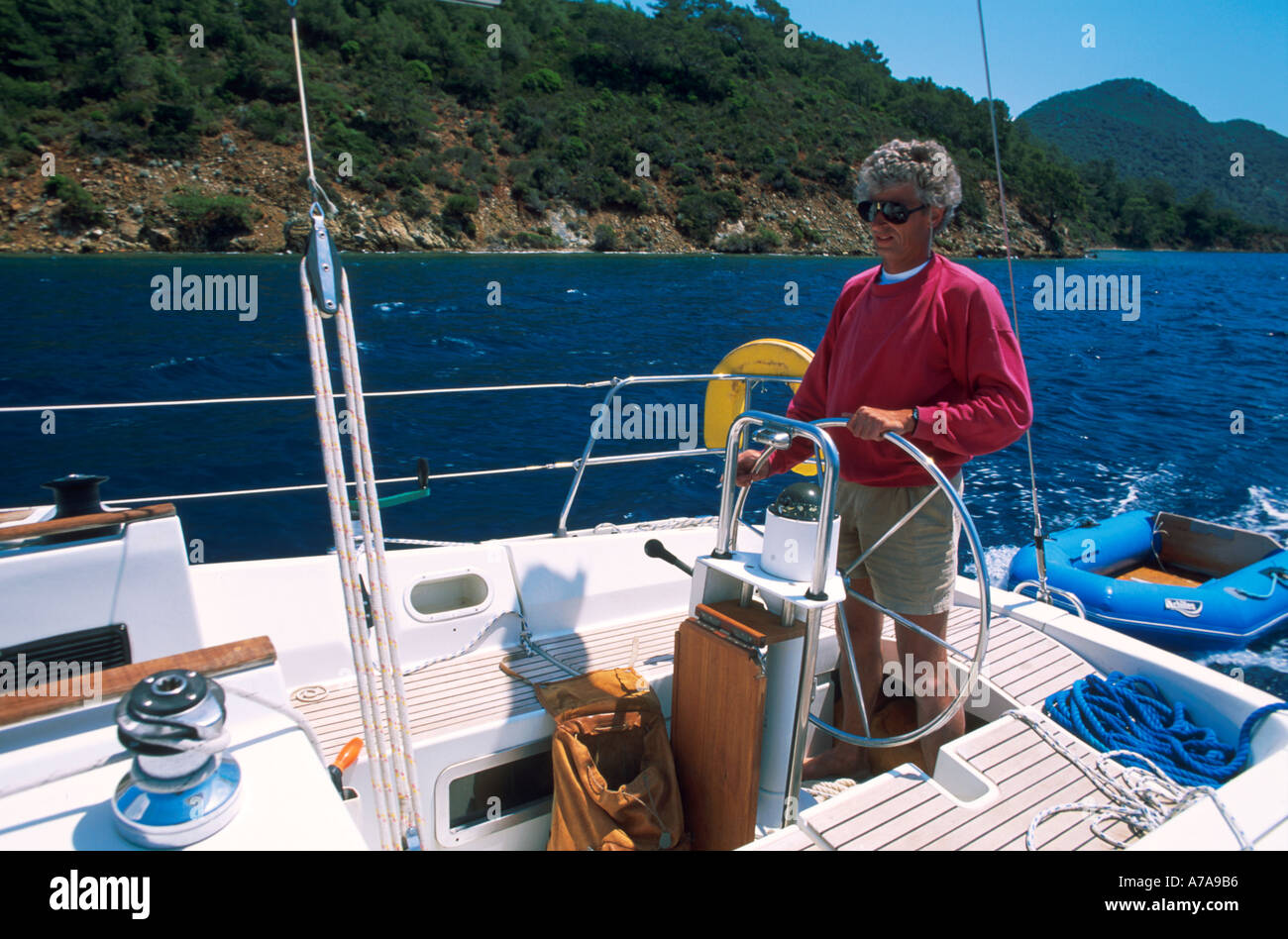 Sailing Skipper on Sailing Ship Turkey Bay of Göcek Stock Photo - Alamy