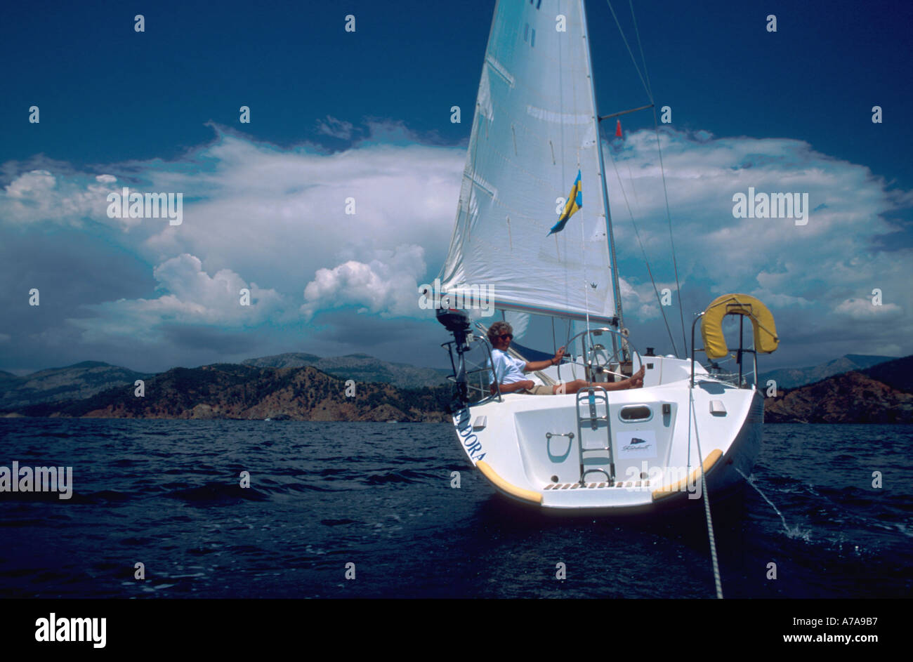 Sailing Skipper on Sailing Boat Turkey Bay of Göcek Stock Photo - Alamy