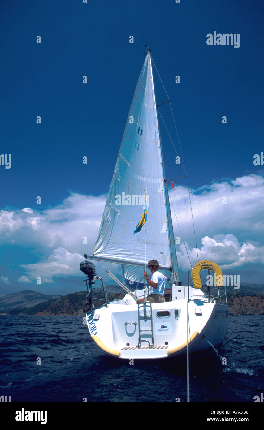 Sailing Skipper on Sailing Boat Turkey Bay of Göcek Stock Photo - Alamy