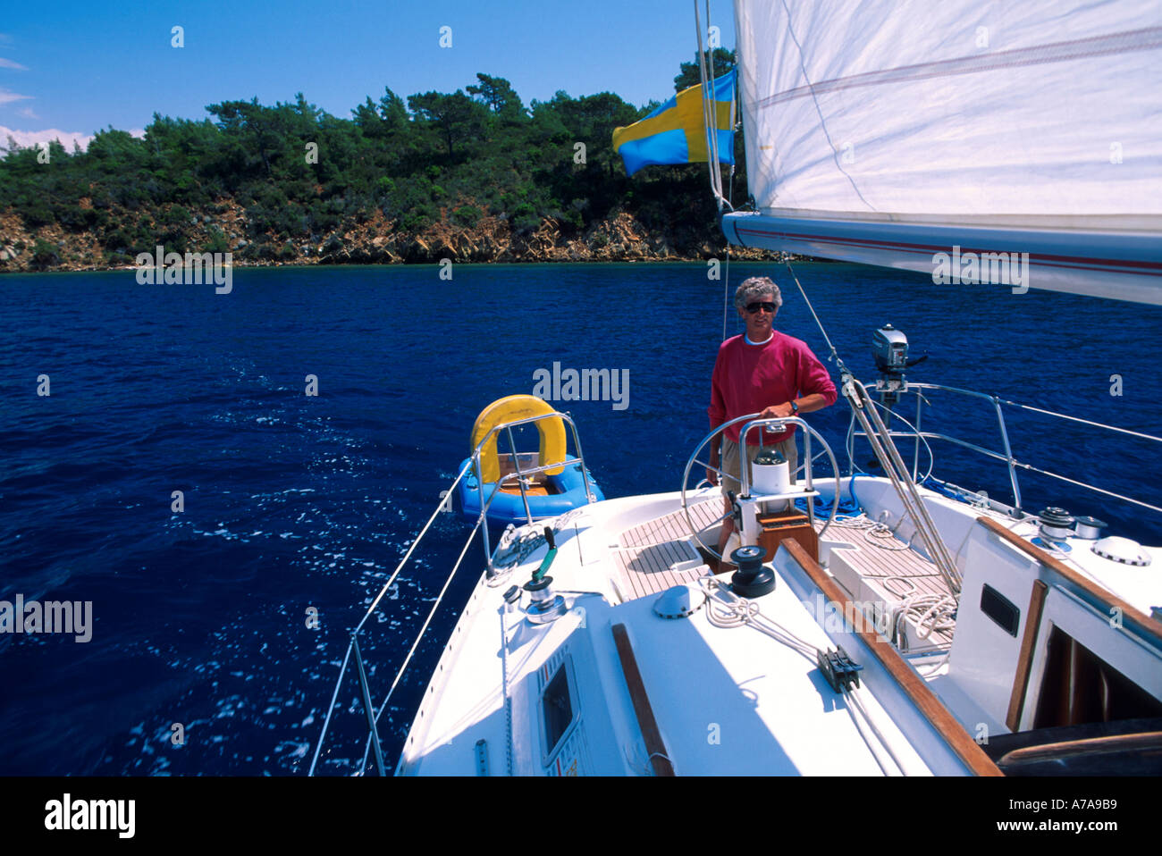 Sailing Skipper on Sailing Boat Turkey Bay of Göcek Stock Photo - Alamy