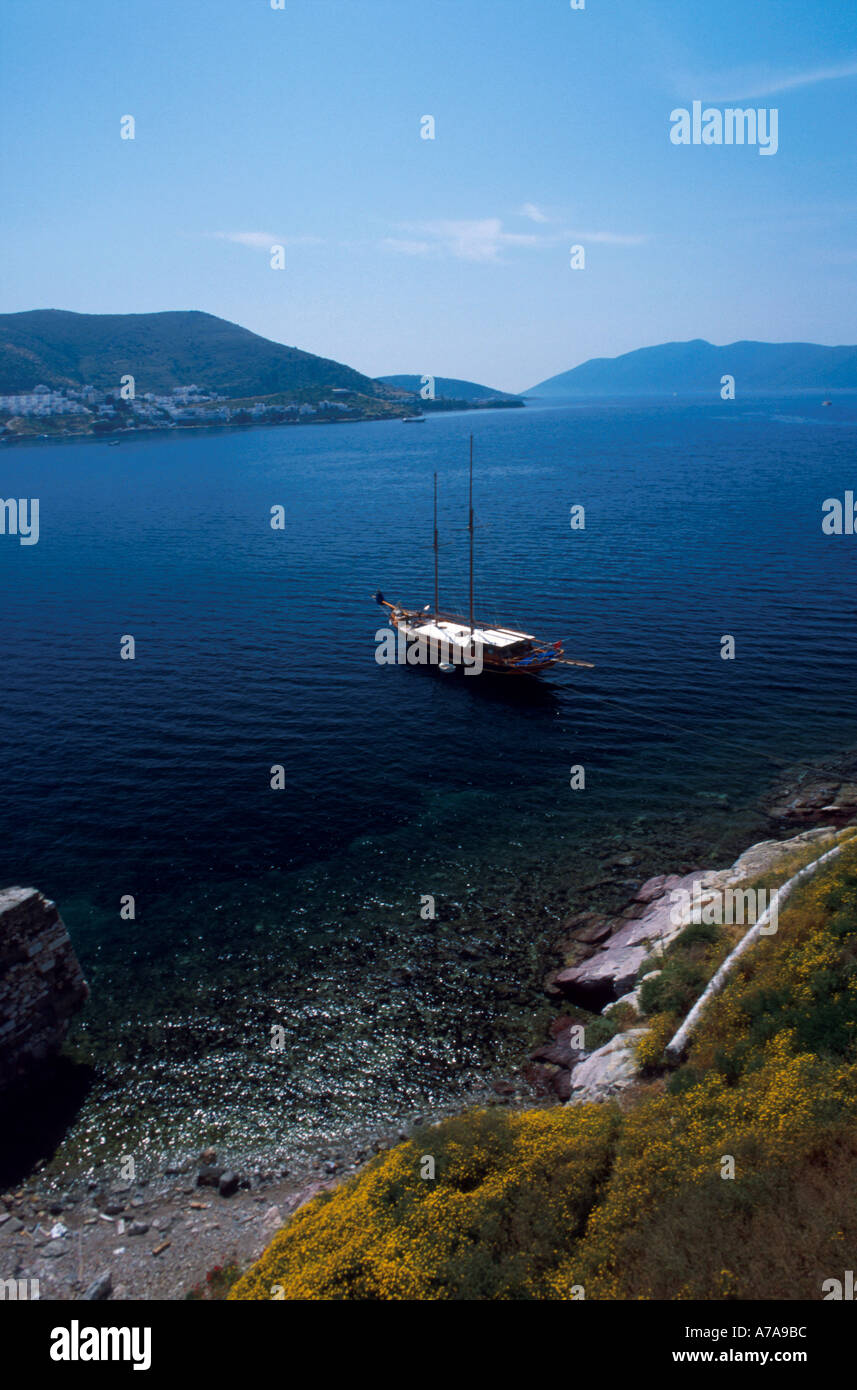 Asia Turkey Bodrum Sailing Ship at anchor View from Citadel Stock Photo ...