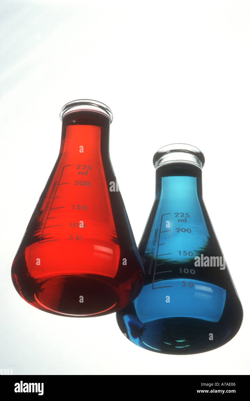 Erlenmeyer flasks with red blue liquids Stock Photo - Alamy
