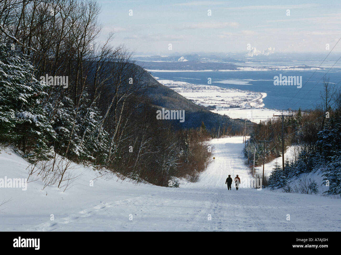 Two people walking down a snowy road in Carleton Quebec with the ...