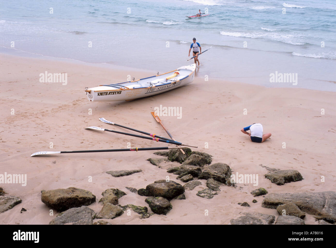 TWO LIFEGUARD WITH RESCUE BOAT ON MANLY BEACH NEW SOUTH WALES AUSTRALIA ...
