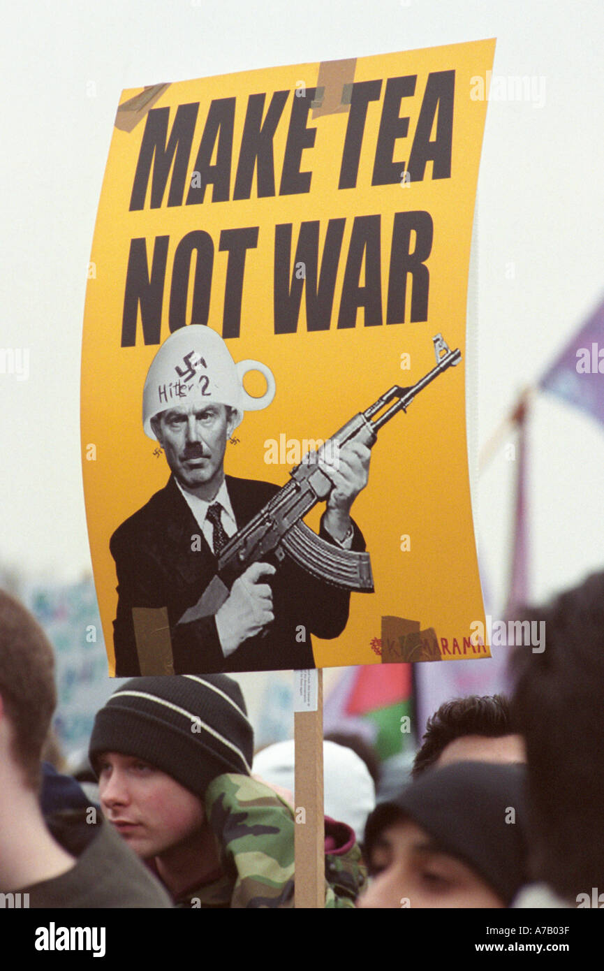 Stop the War demonstration London UK make tea not war placard Stock ...