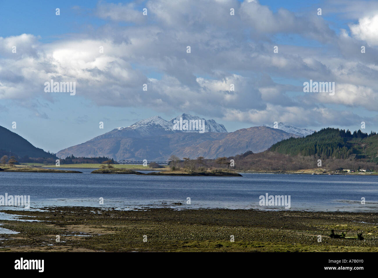 Ardgour Mountains and Loch Leven from Glencoe village in Argyll ...
