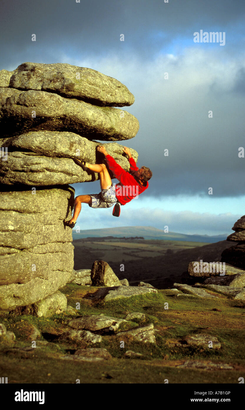 Bouldering on The Nose Combestone Dartmoor Devon UK Stock Photo - Alamy