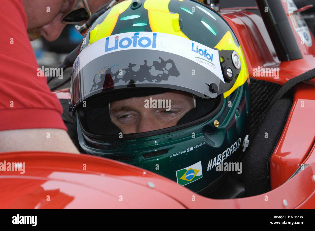 Mario Haberfeld sits in the cockpit of his Ford Cosworth Reynard at the ...