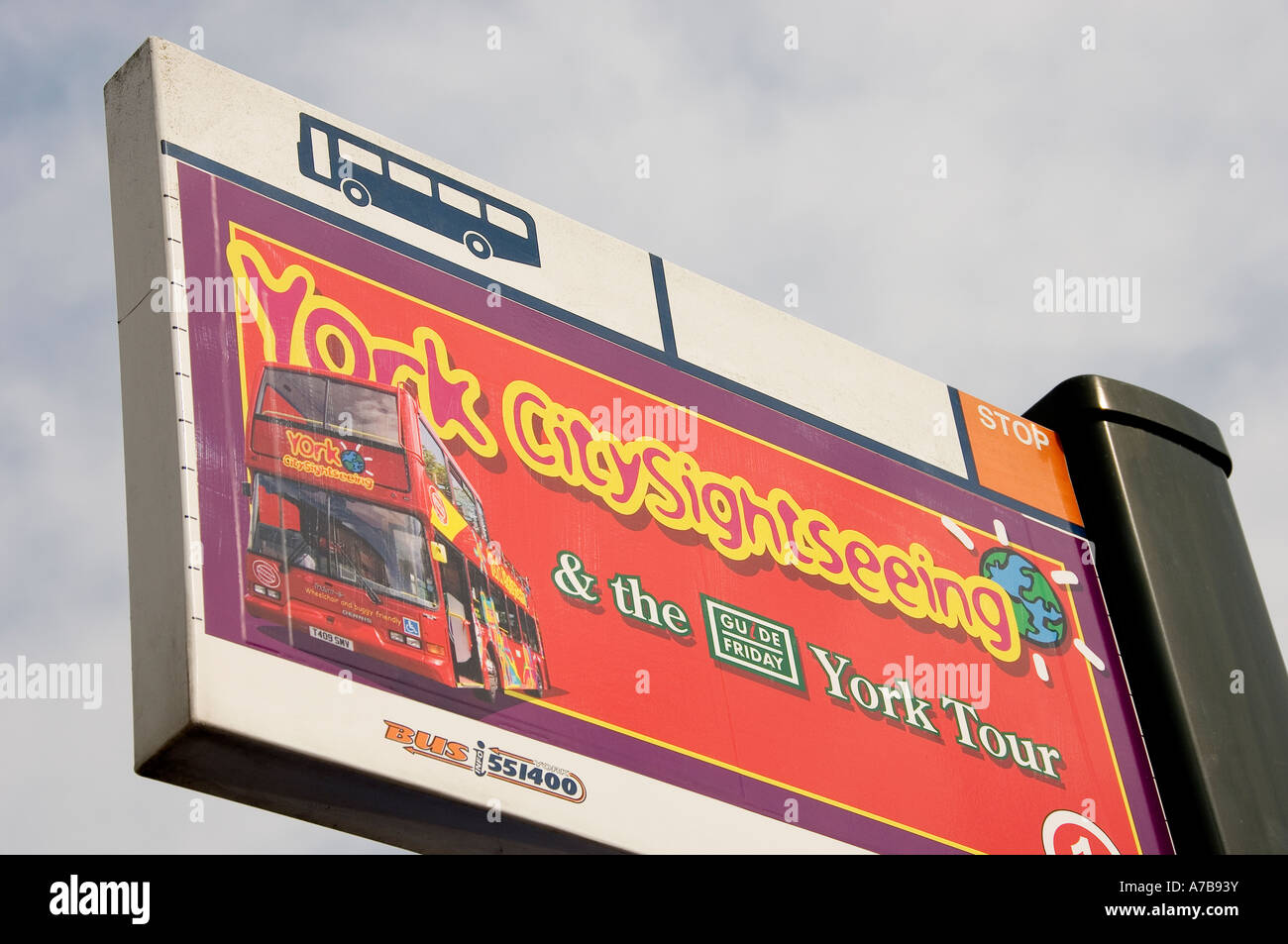 Close up of York city red sight seeing bus stop sign York North ...