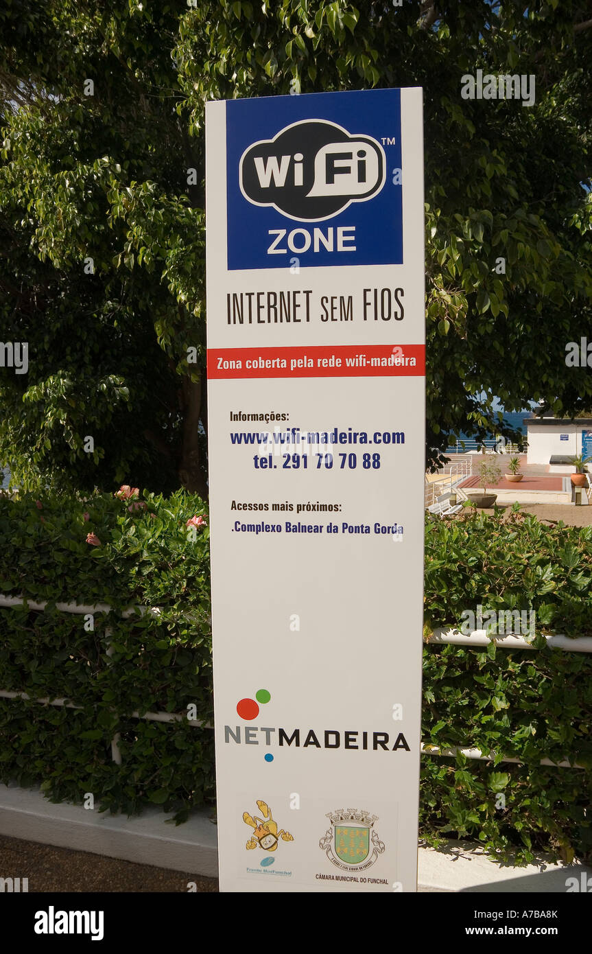 Close up of Sign for wifi wireless internet zone Funchal Madeira ...