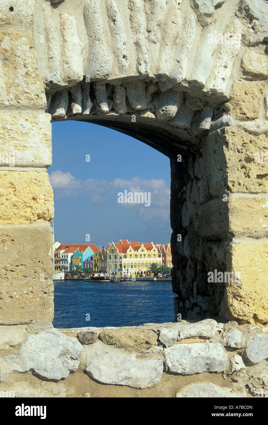 Looking through fort at old Dutch style buildings on the Handleskade ...