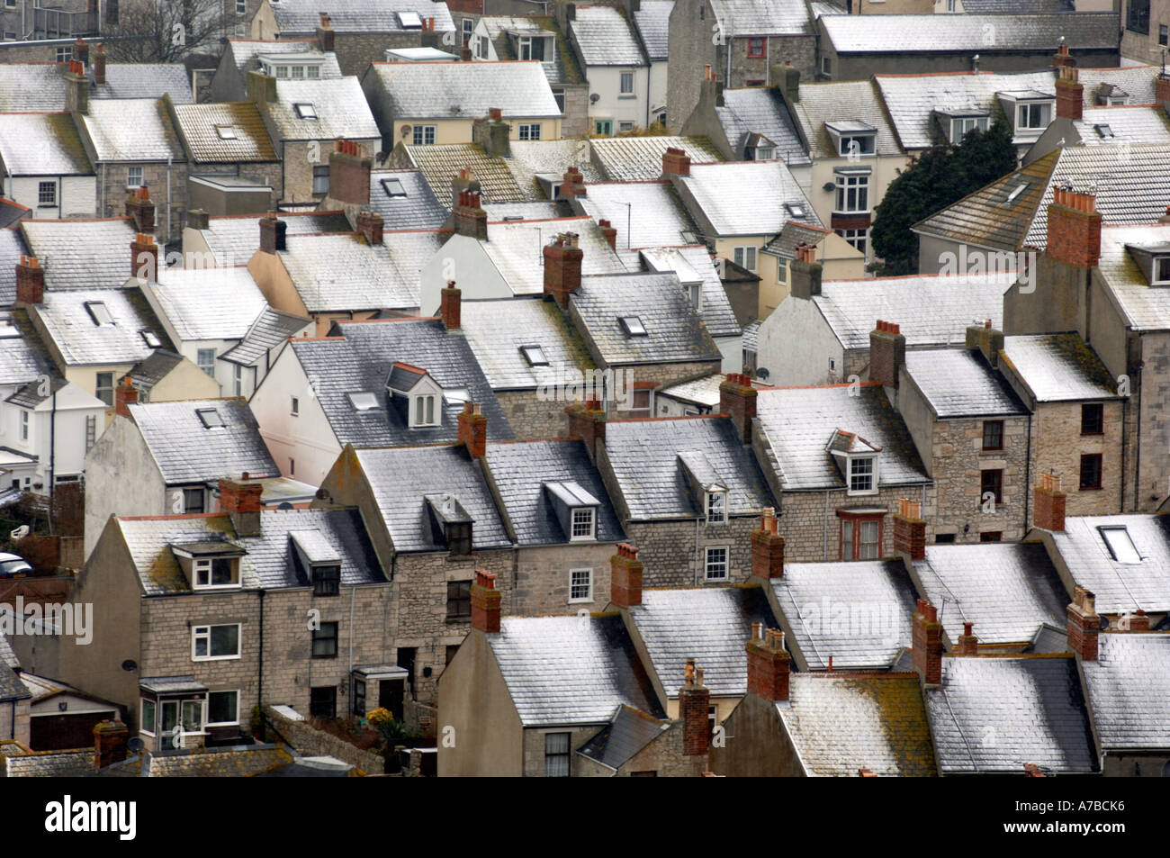 Portland, Dorset, Britain, UK, rooftops with snow, Fortuneswell Stock ...