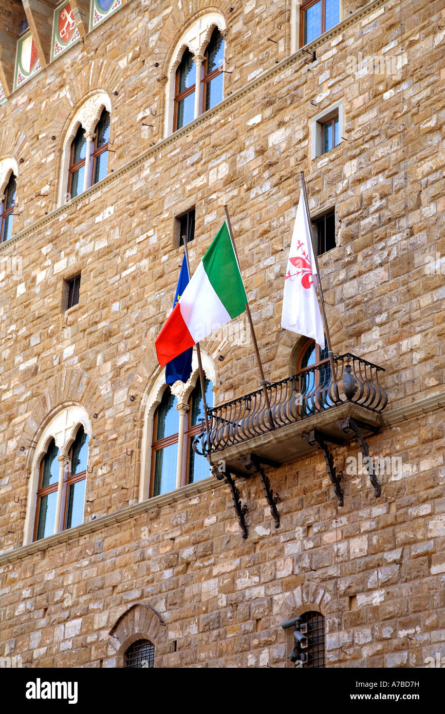 Flags of the European Union Italy and Florence fly above the Piazza ...