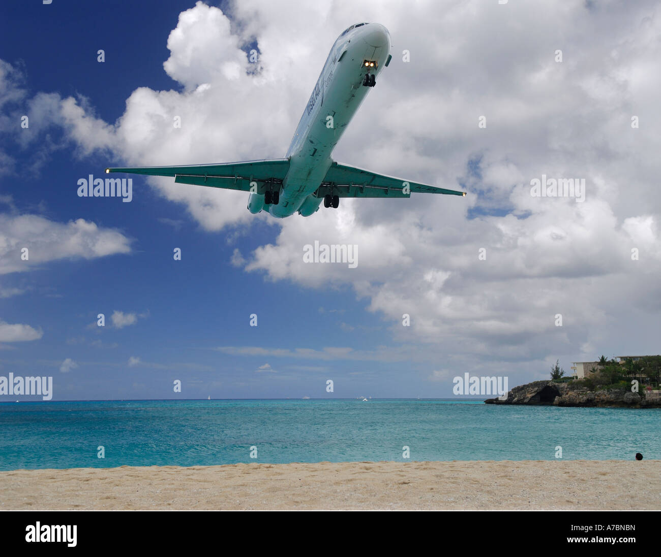 Large jet plane landing over Maho Bay Beach St Maarten Netherlands ...