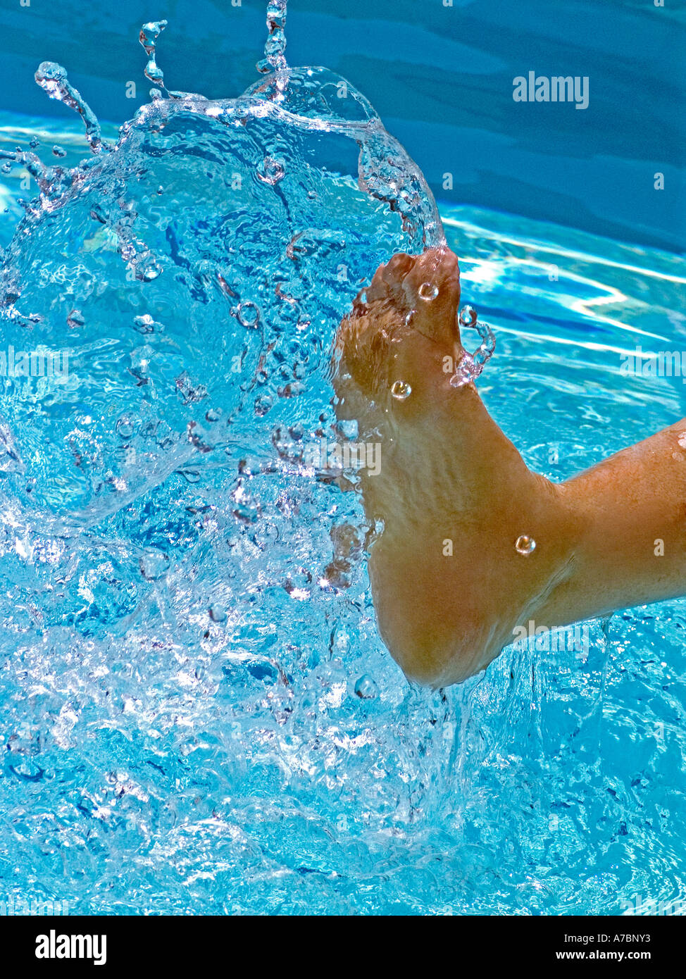 Woman's foot splashing the clear water in a swimming pool Stock Photo ...