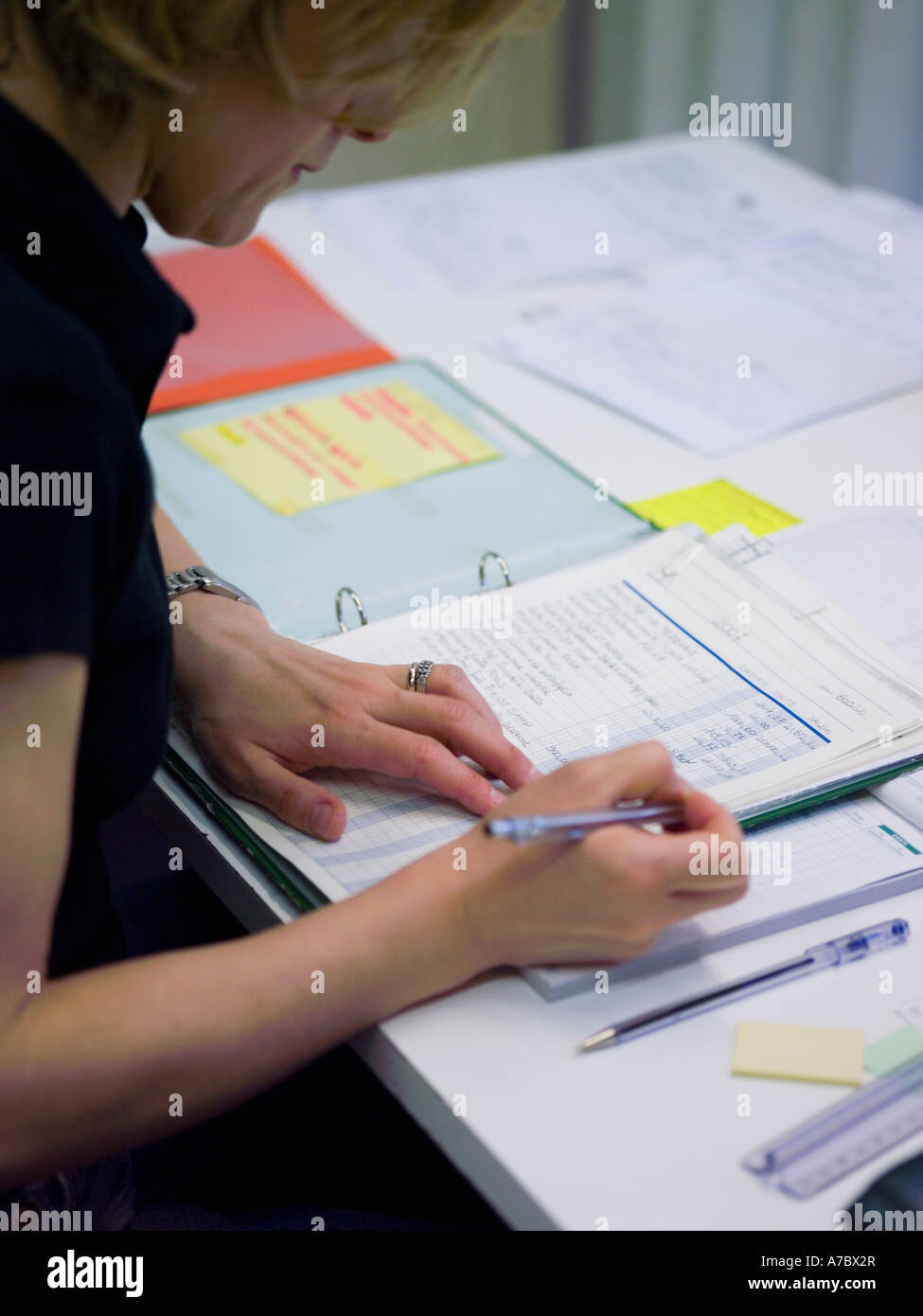 secretary, office, work, register, pens, sheets, post it, notebook ...