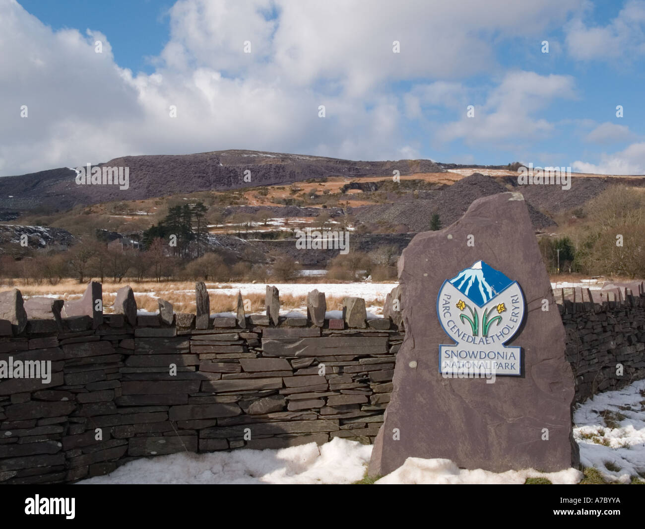 Snowdonia "National Park" boundary stone with bilingual logo in English ...