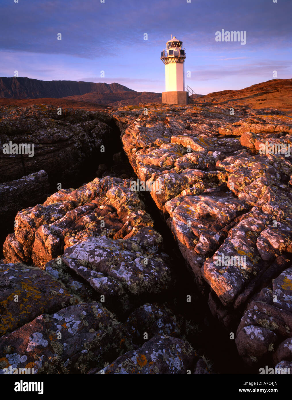 Rubha Cadail lighthouse, Rhue, Ullapool, Ben Mor Coigach behind Stock ...
