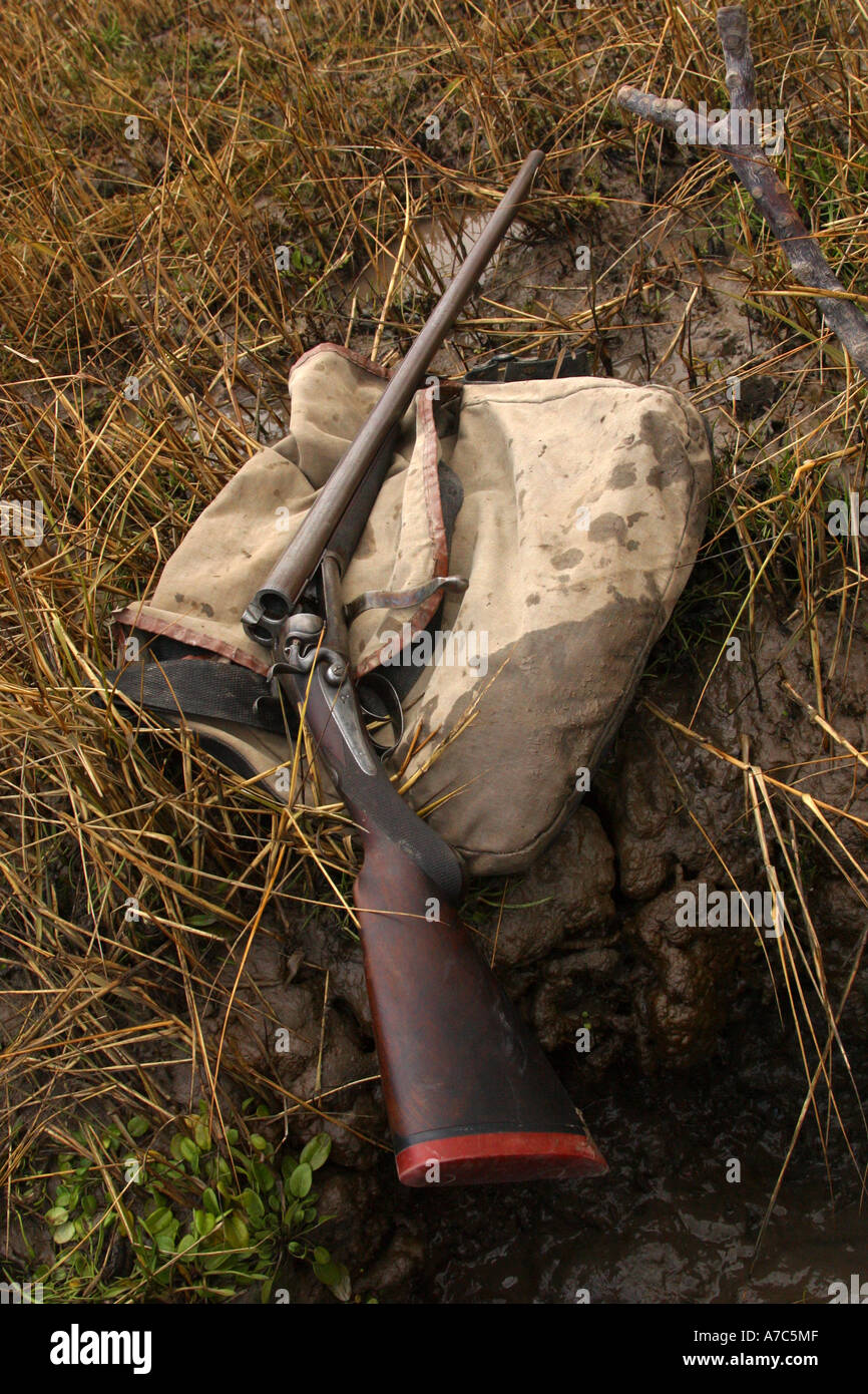 Old shotgun, hammer gun, old sporting gun resting on bag in reeds of a ...
