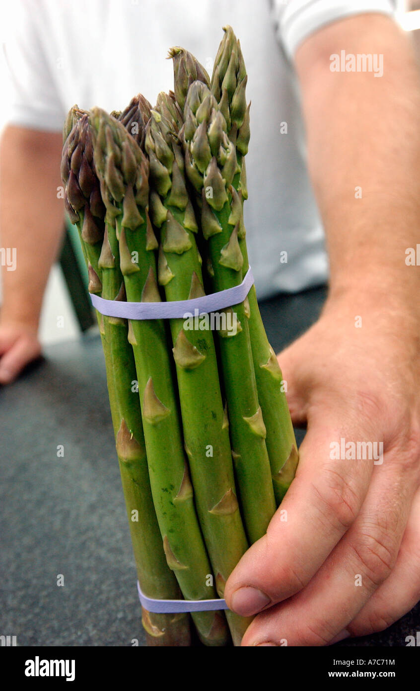 Chef with bundle of asparagus Stock Photo - Alamy