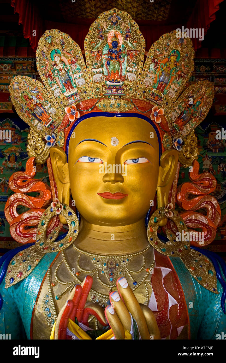 Detail of the beautiful massive Buddha standing inside Thiksey ...