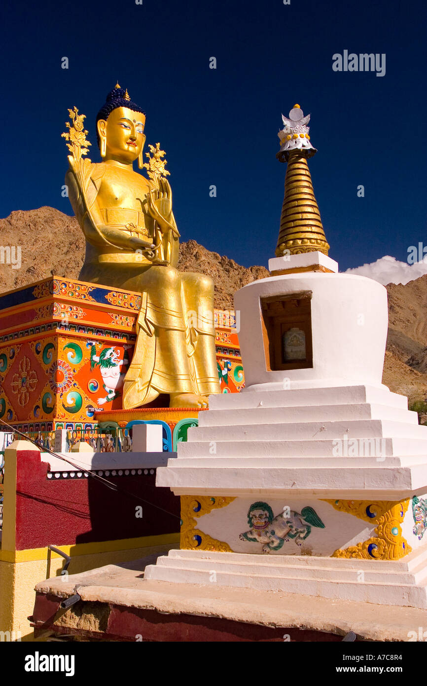 Detail of the big seated Buddha looming over Likir Gompa Ladakh Indian ...