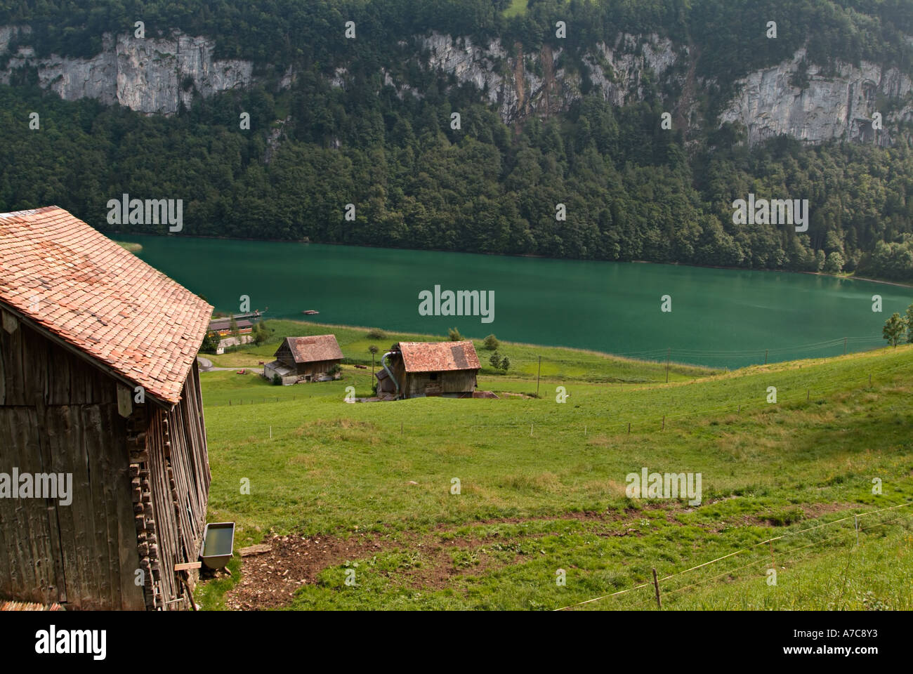 Typical barns in alpine landscape Seelisberg Switzerland Stock Photo ...
