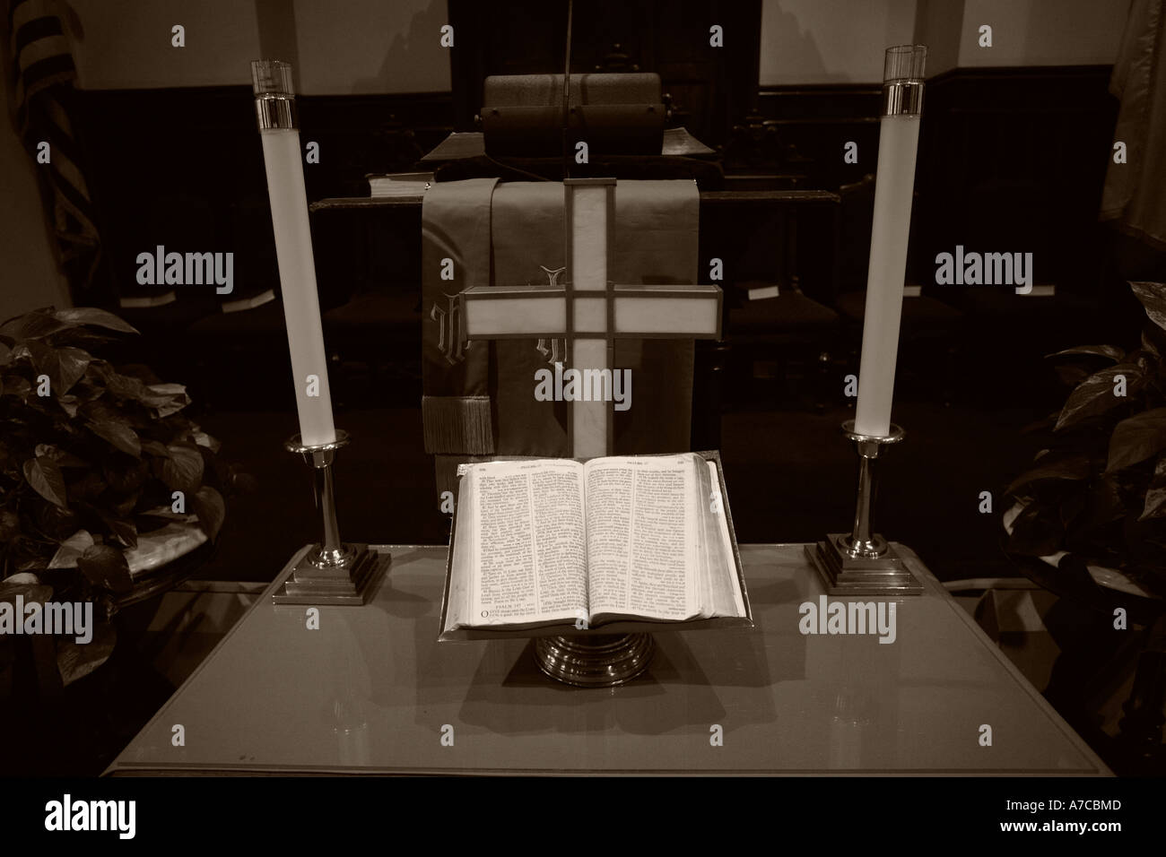 Black Zion Church Alter with bible Stock Photo - Alamy