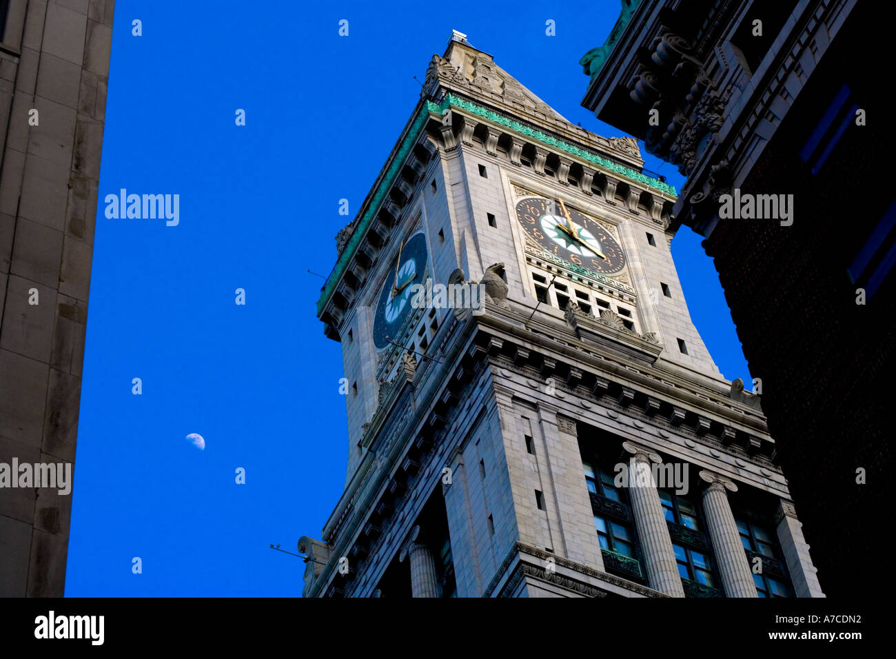 Downtown Boston Massachusetts with Custom House Clock Tower and moon in ...