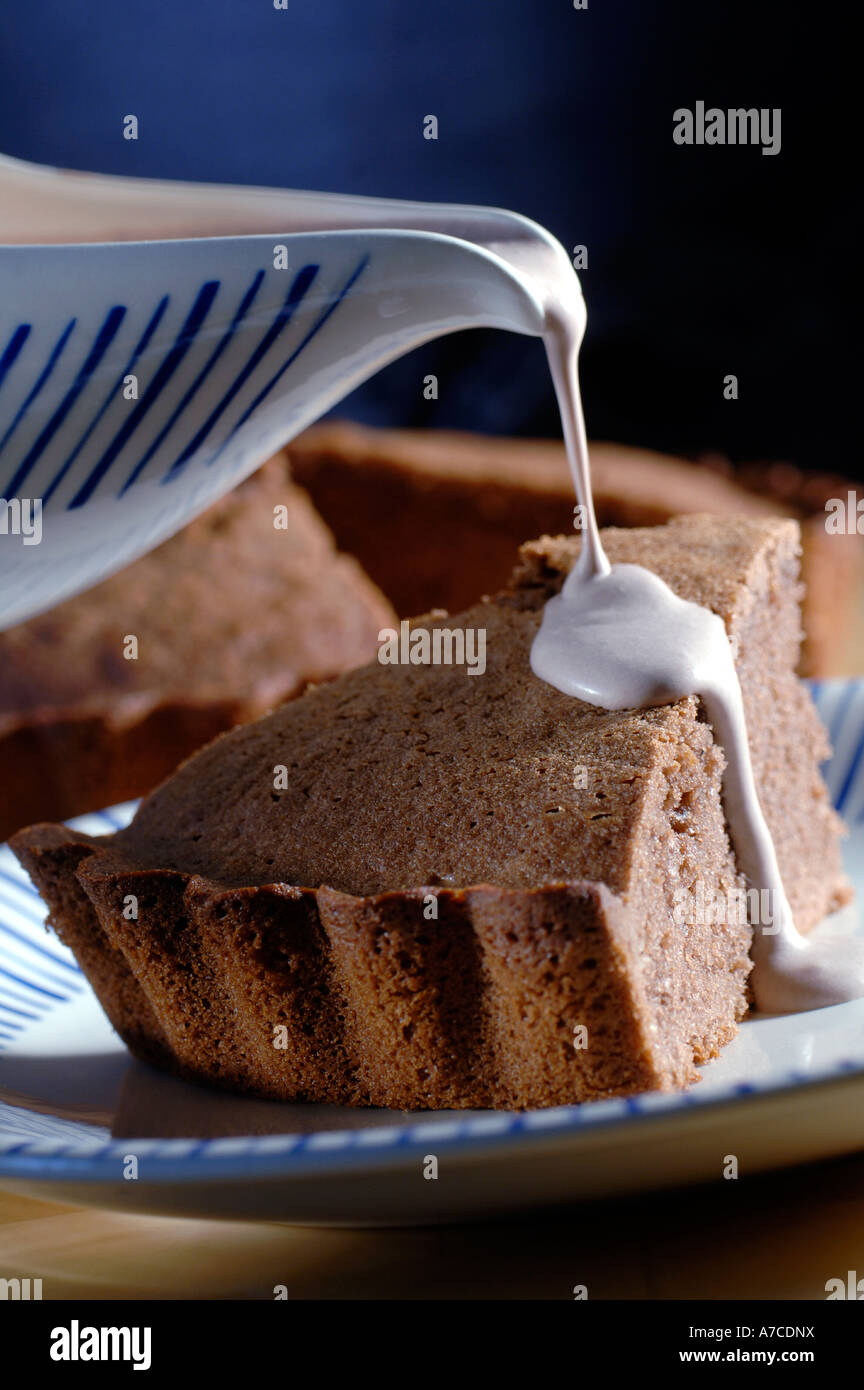 Pouring sauce over slice of chocolate cake Stock Photo - Alamy