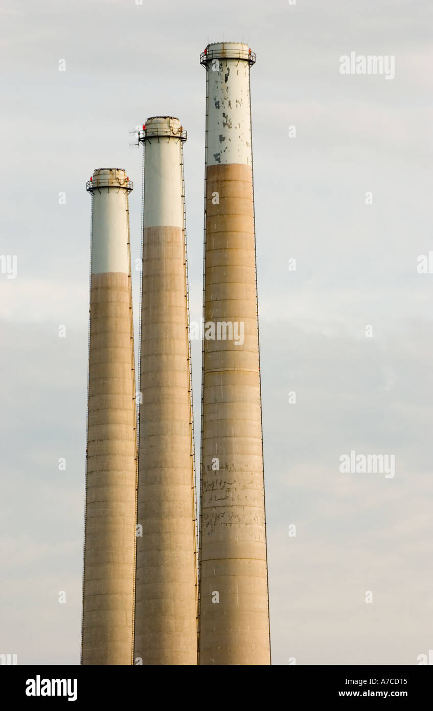 Three tall smoke stacks at electrical power plant at Morro Bay ...