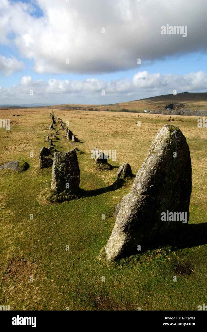 Ancient stone row at Merrivale on Dartmoor with bright sunshine and ...