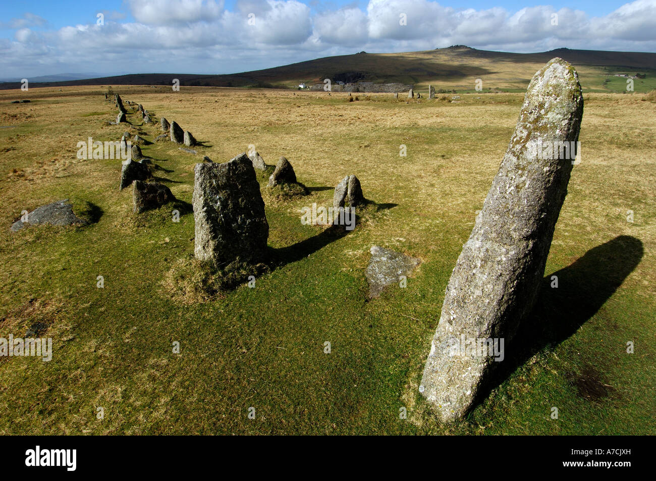 Ancient stone row at Merrivale on Dartmoor with bright sunshine and ...
