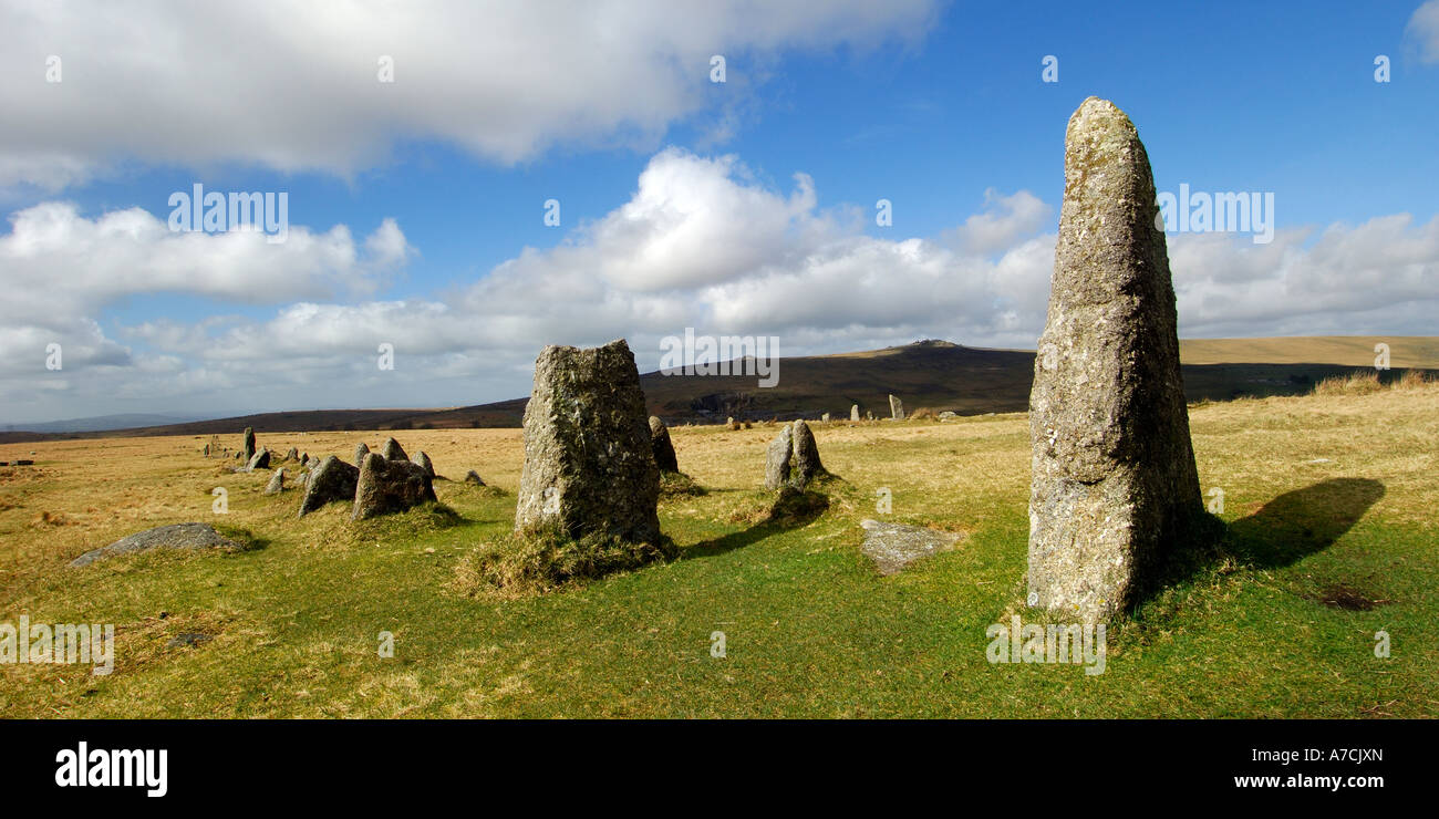 Ancient stone row at Merrivale on Dartmoor with bright sunshine and ...